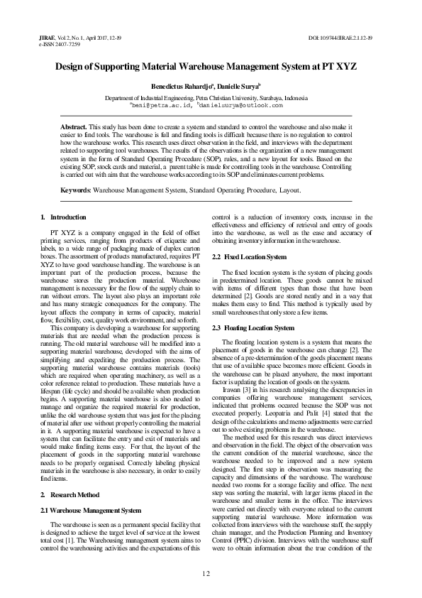 (PDF) Design of Supporting Material Warehouse Management System at PT XYZ