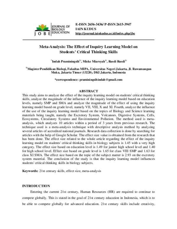 (PDF) Meta-Analysis: The Effect of Inquiry Learning Model on Students Critical Thinking Skill