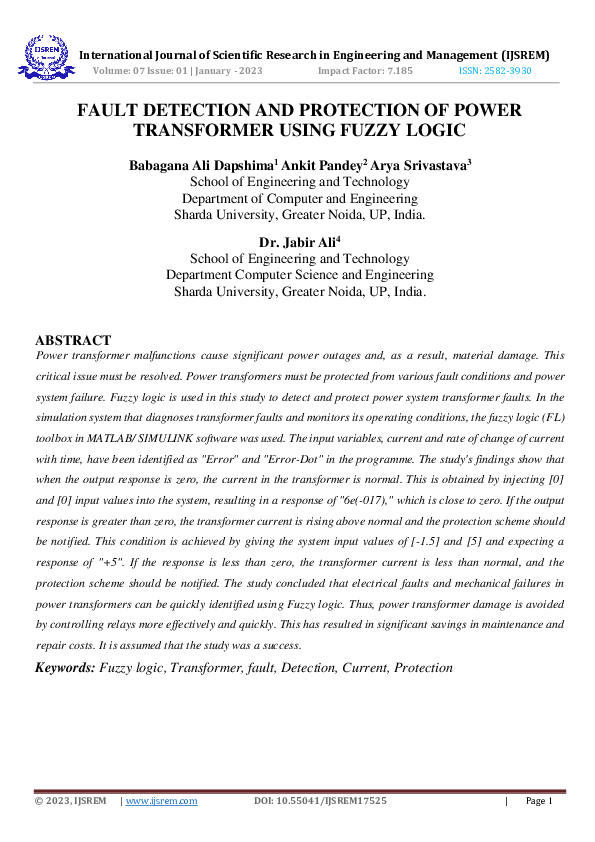 Pdf Fault Detection And Protection Of Power Transformer Using Fuzzy Logic