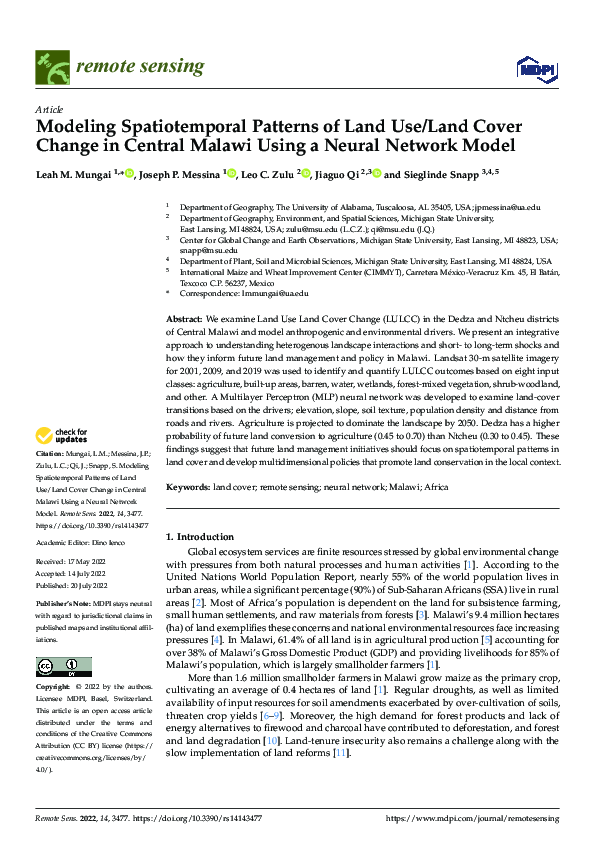 (PDF) Modeling Spatiotemporal Patterns of Land Use/Land Cover Change in Central Malawi Using a ...