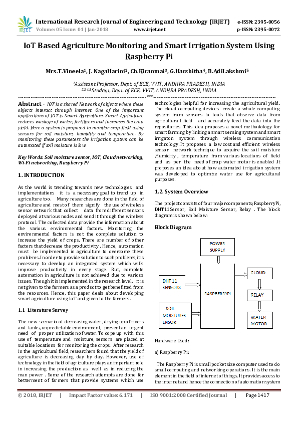 Pdf Iot Based Agriculture Monitoring And Smart Irrigation System Using Raspberry Pi