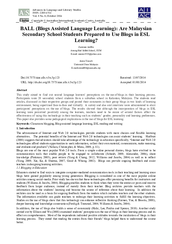 (PDF) Secondary School Students Prepared to Use Blogs in ESL Learning?