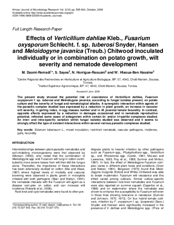 (PDF) Effects of Verticillium dahliae Kleb., Fusarium oxysporum Schlecht. f. sp. tuberosi Snyder ...