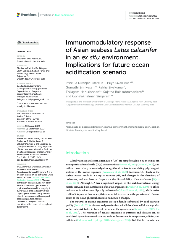 (PDF) Asian Seabass Immunity Under Ocean Acidification