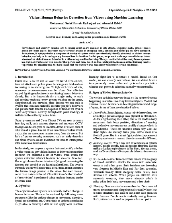 (PDF) Violent Human Behavior Detection from Videos using Machine Learning