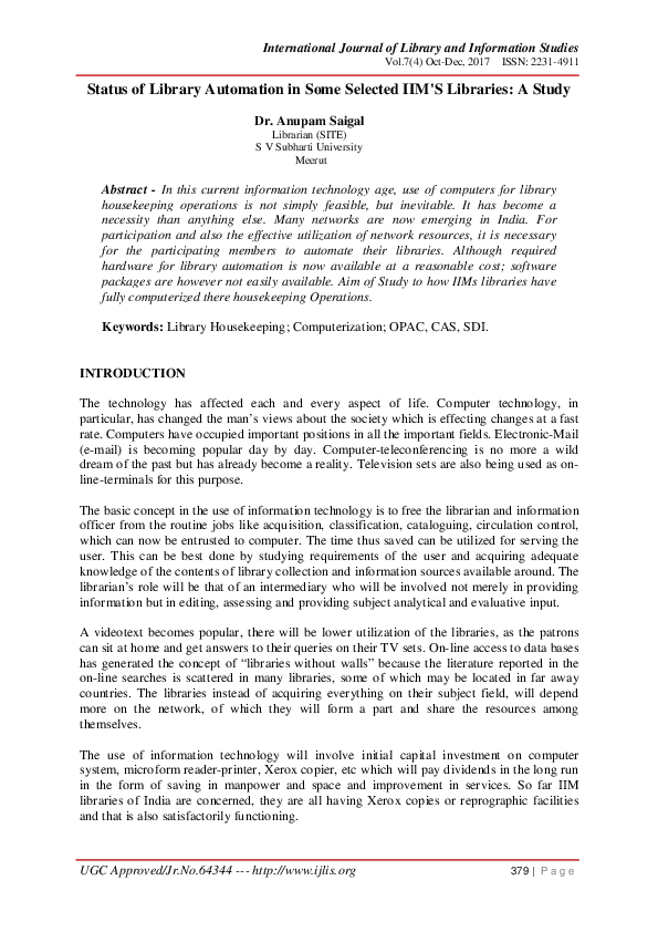 (PDF) Status of Library Automation in Some Selected IIM'S Libraries: A ...