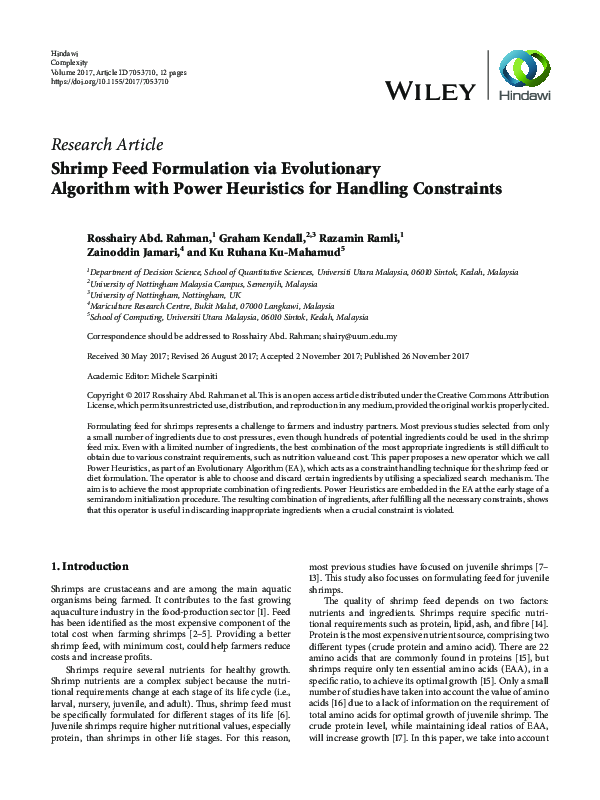 Pdf Shrimp Feed Formulation Via Evolutionary Algorithm With Power Heuristics For Handling