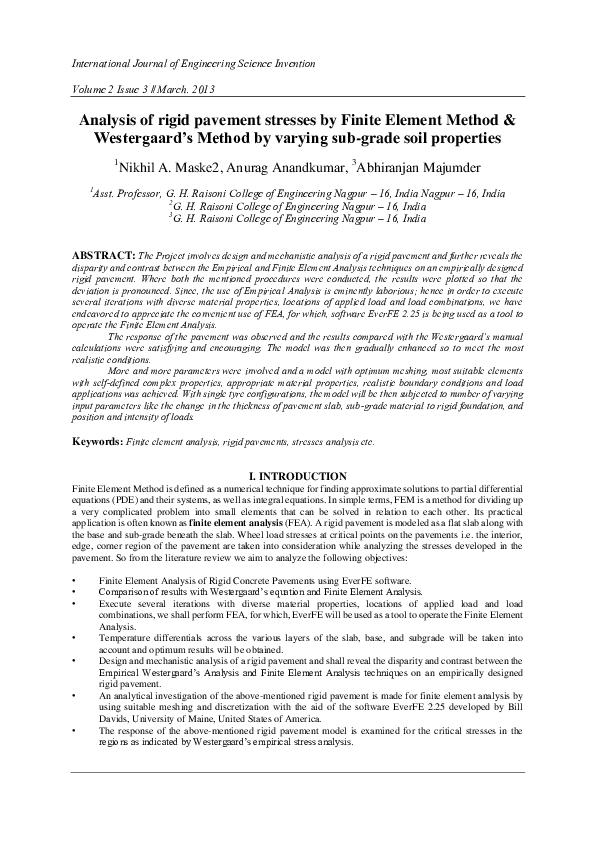 (PDF) Analysis of rigid pavement stresses by Finite Element Method & Westergaard's Method by ...