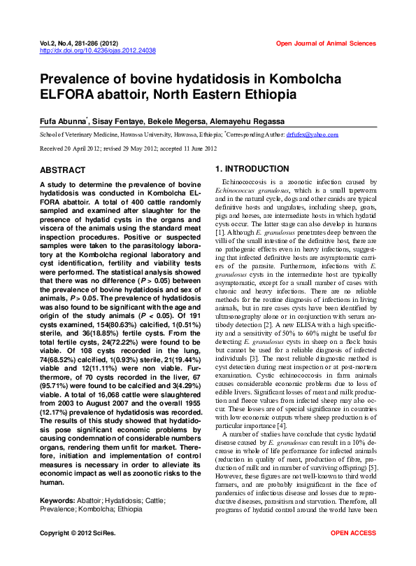 (PDF) Prevalence of bovine hydatidosis in Kombolcha ELFORA abattoir ...
