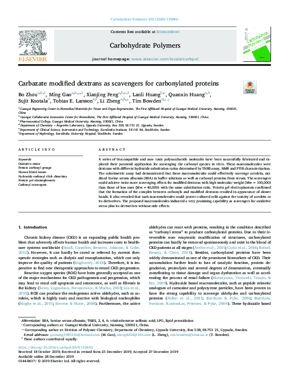 (PDF) Carbazate modified dextrans as scavengers for carbonylated ...