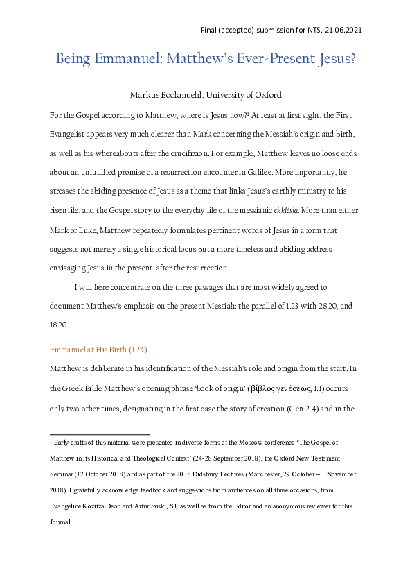 (PDF) Being Emmanuel: Matthew's Ever-Present Jesus?