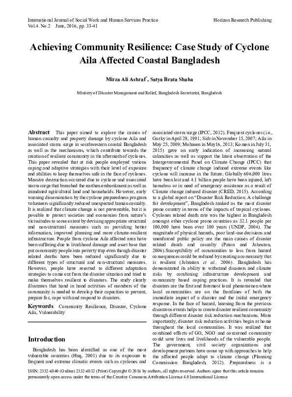 (PDF) Achieving Community Resilience: Case Study of Cyclone Aila ...