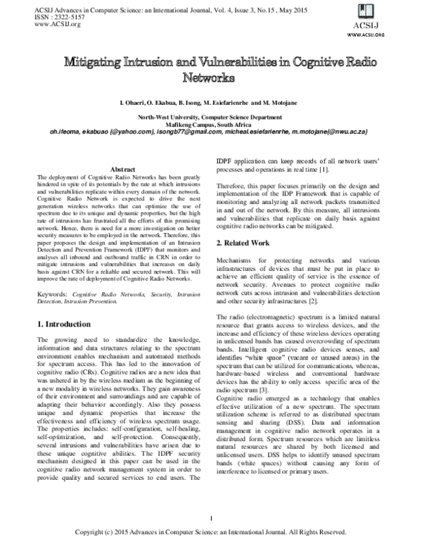 (PDF) Mitigating Intrusion and Vulnerabilities in Cognitive Radio Networks