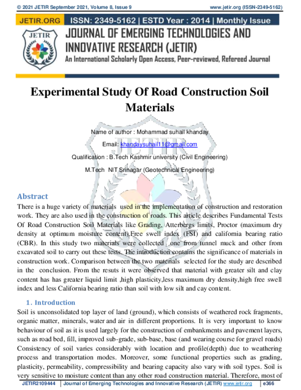 Pdf Experimental Study Of Road Construction Soil Materials