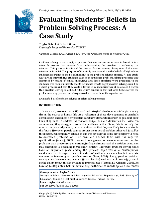 (PDF) Evaluating Students’ Beliefs in Problem Solving Process: A Case Study