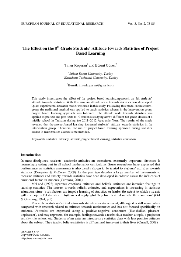 (PDF) The Effect on the 8th Grade Students’ Attitude towards Statistics of Project Based Learning