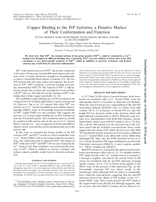(PDF) Copper Binding to the PrP Isoforms: a Putative Marker of Their ...