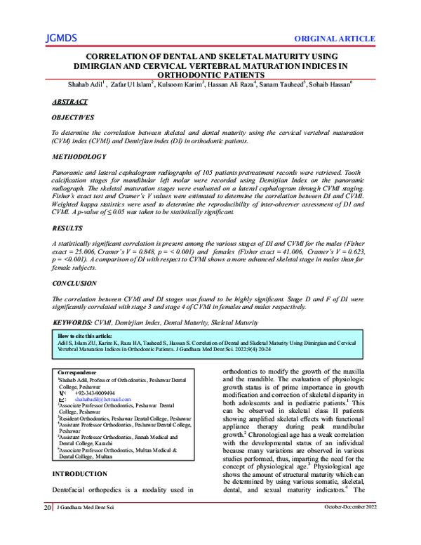 Pdf Correlation Of Dental And Skeletal Maturity Using Dimirgian And Cervical Vertebral