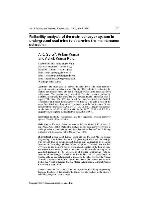 (PDF) Reliability analysis of the main conveyor system in underground coal mine to determine the ...