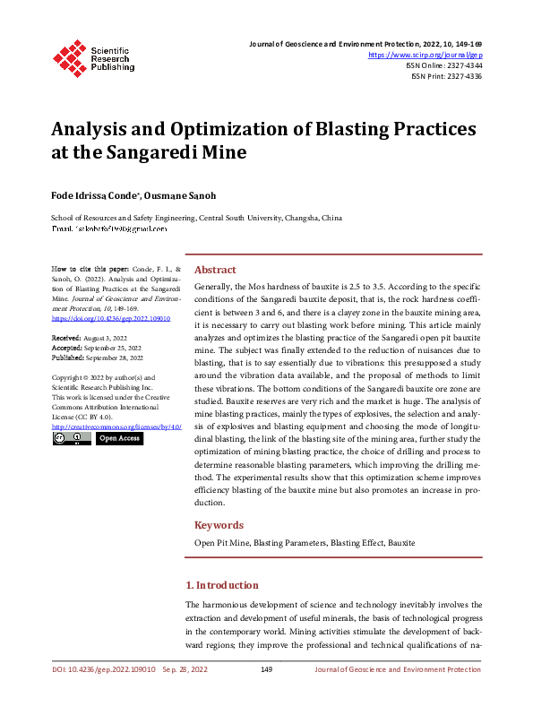 (PDF) Analysis and Optimization of Blasting Practices at the Sangaredi Mine