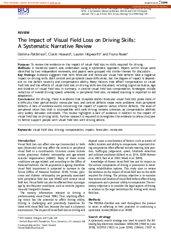 (PDF) The Impact of Visual Field Loss on Driving Skills: A Systematic ...