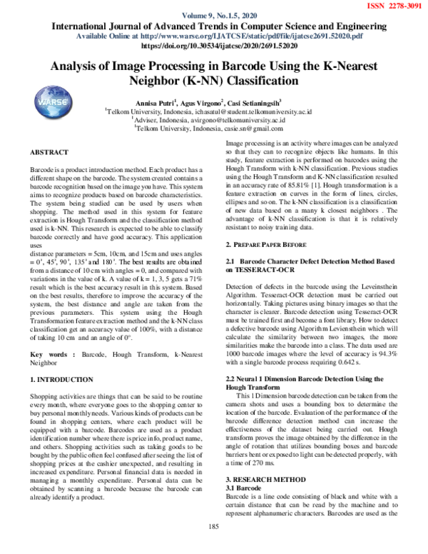(PDF) Analysis of Image Processing in Barcode Using the K-Nearest Neighbor (K-NN) Classification