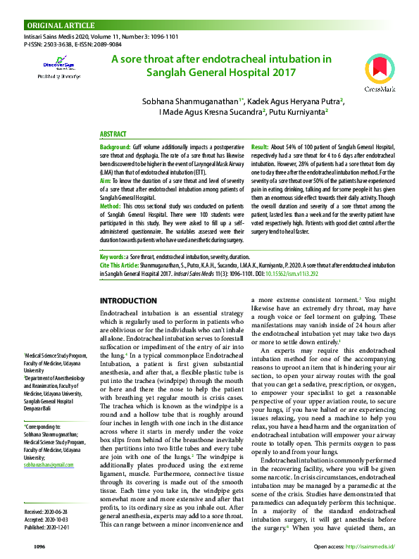 (PDF) A sore throat after endotracheal intubation in Sanglah General ...