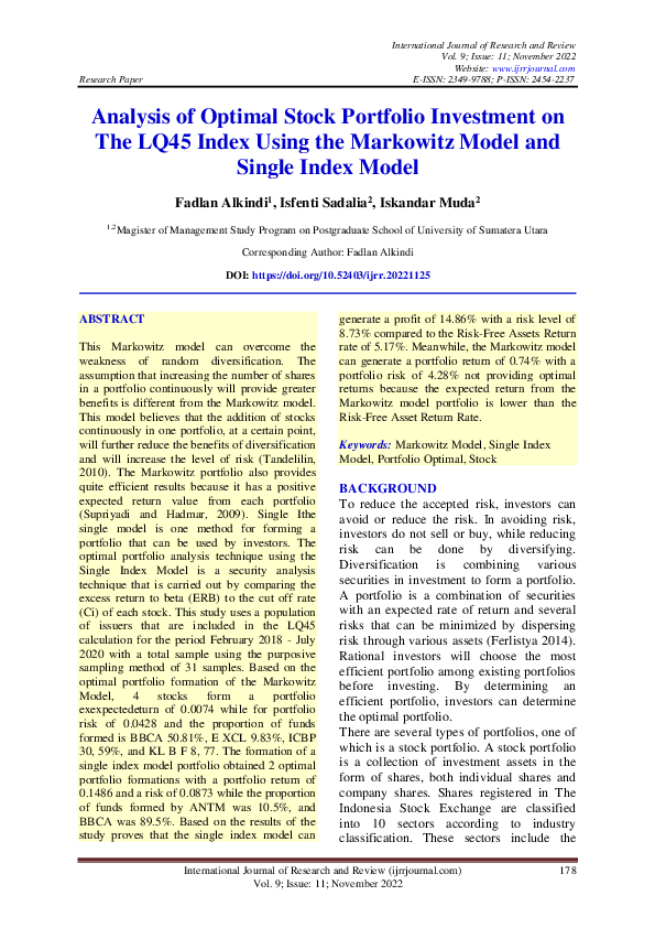 (PDF) Analysis of Optimal Stock Portfolio Investment on The LQ45 Index Using the Markowitz Model ...