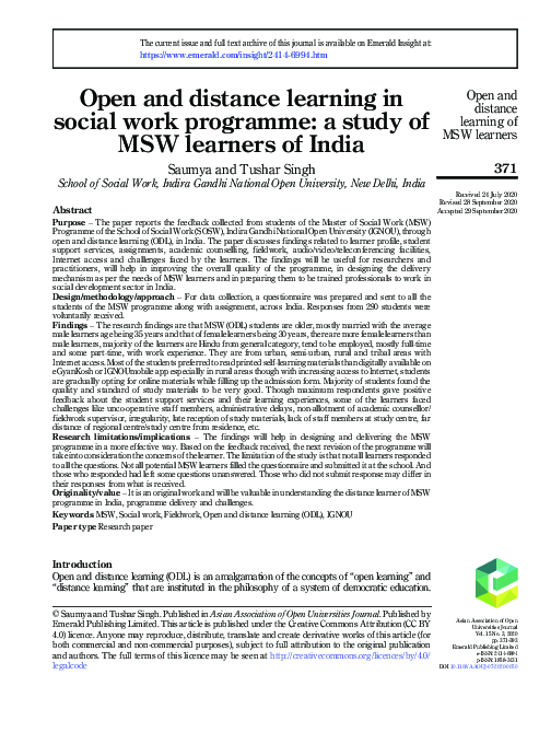 (PDF) Open and distance learning in social work programme: a study of MSW learners of India