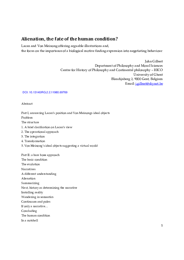 (PDF) Alienation, the fate of the human condition? Lacan and Von ...
