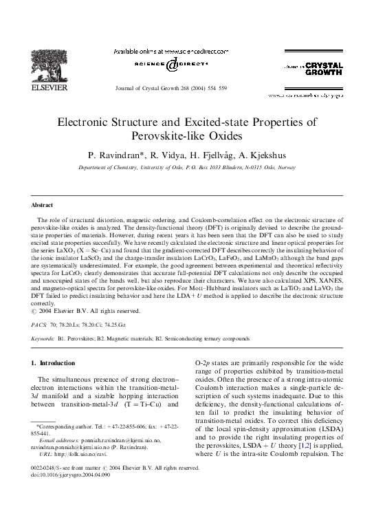 (PDF) Electronic Structure and Excited-state Properties of Perovskite-like Oxides