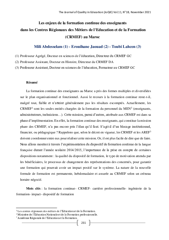 (PDF) Les enjeux de la formation continue des enseignants dans les ...