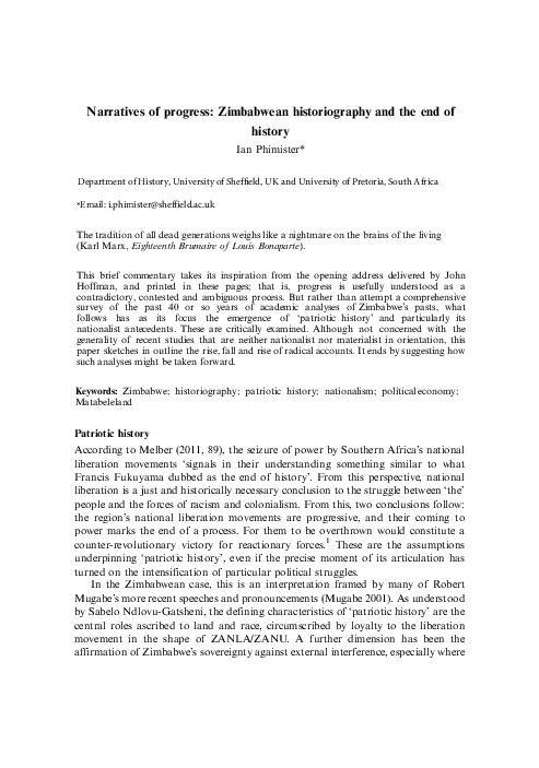 (PDF) Narratives of progress: Zimbabwean historiography and the end of ...