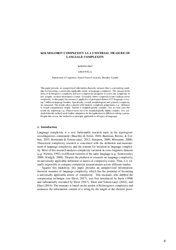 (PDF) Kolmogorov Complexity as a Universal Measure of Language Complexity