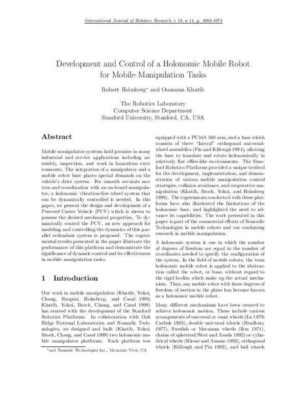 Pdf Development And Control Of A Holonomic Mobile Robot For Mobile Manipulation Tasks