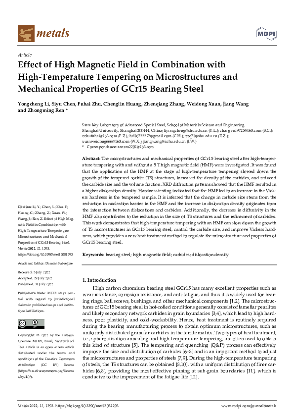 (PDF) Effect of High Magnetic Field in Combination with High-Temperature Tempering on ...