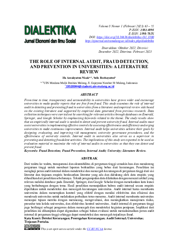 Pdf Role Of Internal Audit Fraud Detection And Prevention In Universities A Literature Review