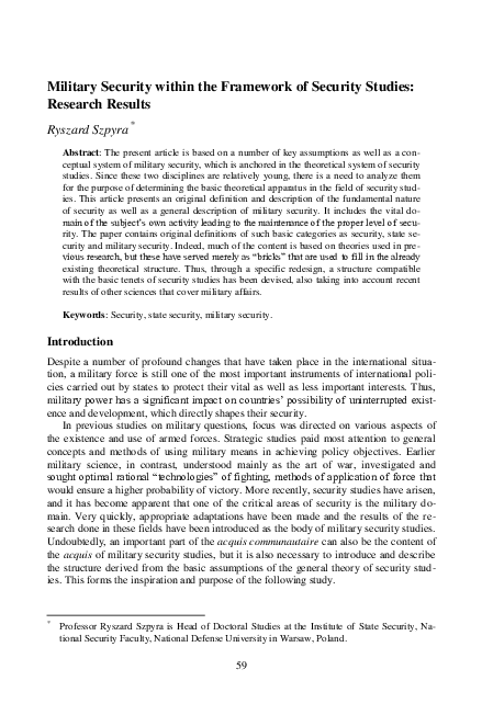 (PDF) Military Security within the Framework of Security Studies: Research Results