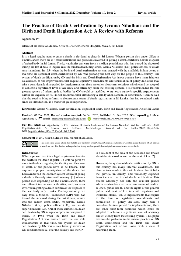 (PDF) The Practice of Death Certification by Grama Niladhari and the ...