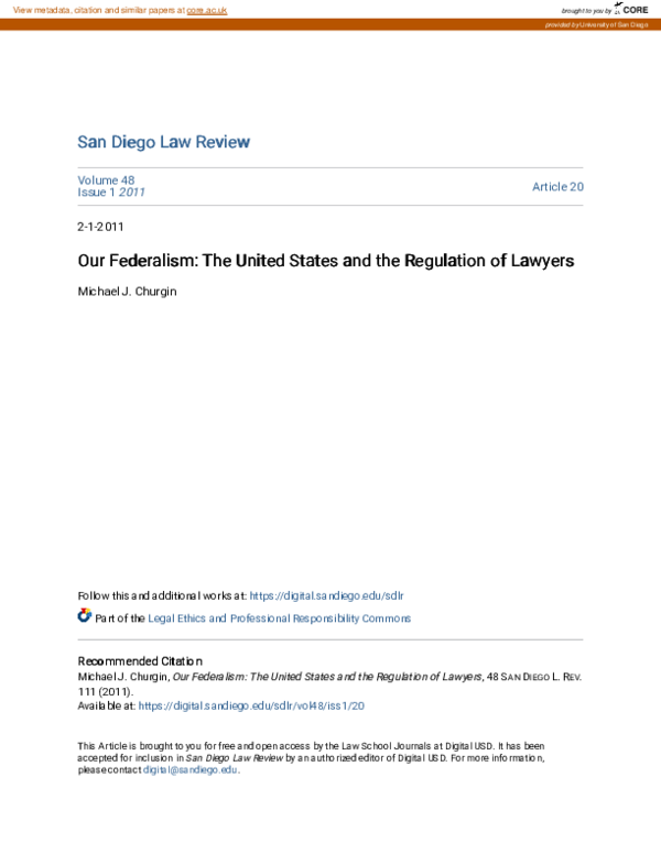 (PDF) Our Federalism: The United States and the Regulation of Lawyers