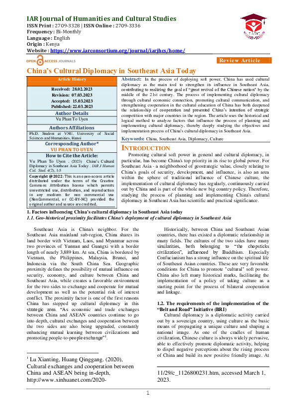 (PDF) China's Cultural Diplomacy in Southeast Asia Today
