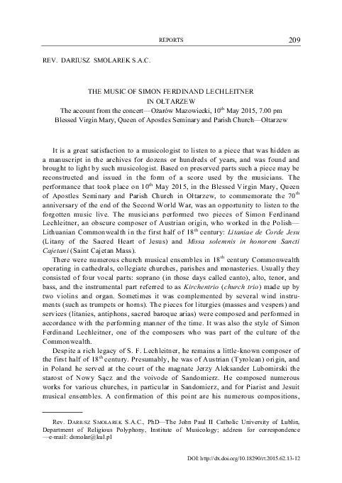(PDF) The Music of Simon Ferdinand Lechleitner in Ołtarzew, 10th May 2015