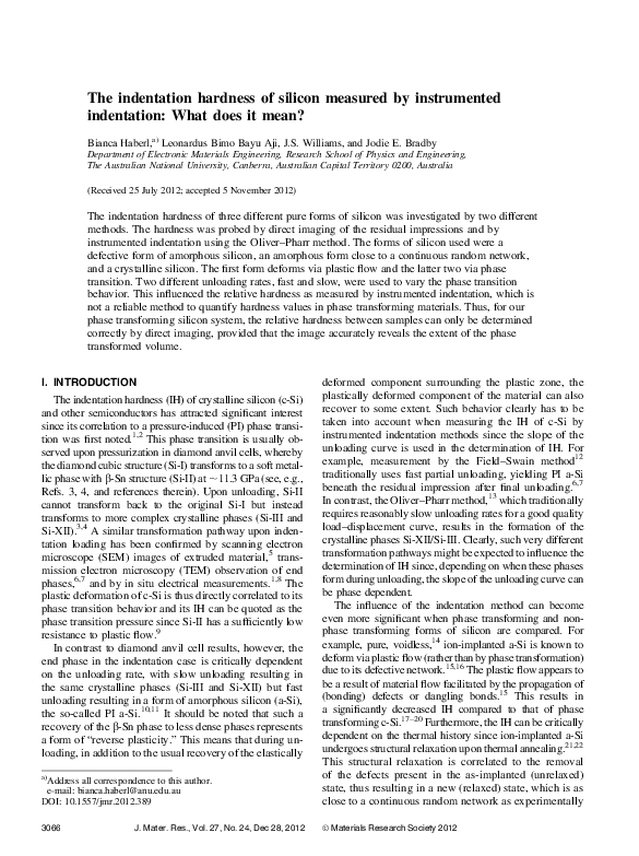 Pdf The Indentation Hardness Of Silicon Measured By Instrumented Indentation What Does It