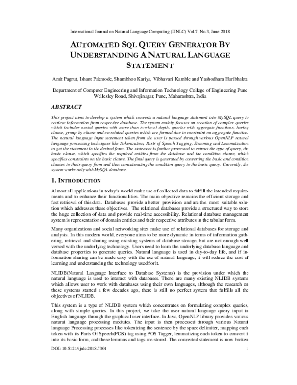 Pdf Automated Sql Query Generator By Understanding A Natural Language Statement Vibhavari