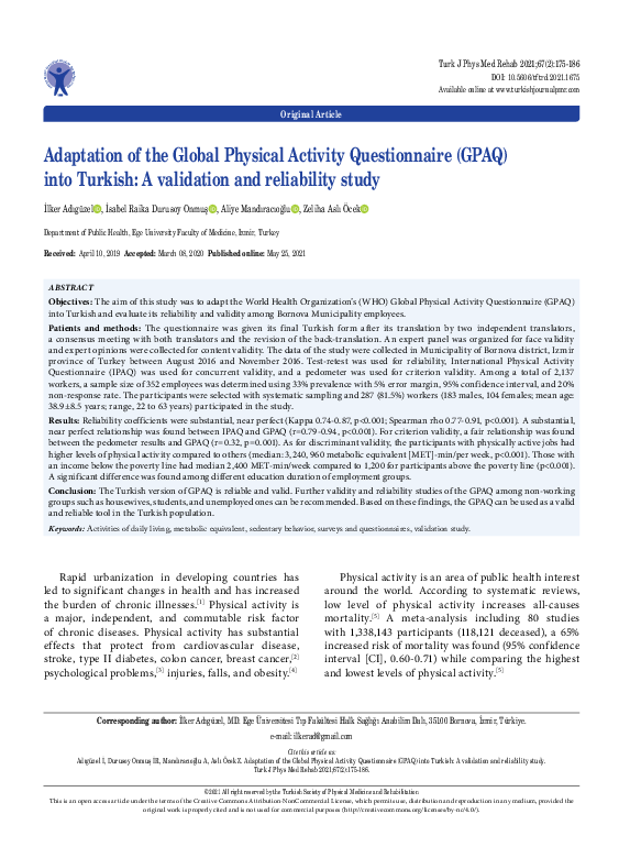 (PDF) Adaptation of the Global Physical Activity Questionnaire (GPAQ) into Turkish: A validation ...