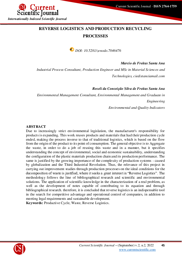 (PDF) Reverse Logistics and Production Recycling Processes
