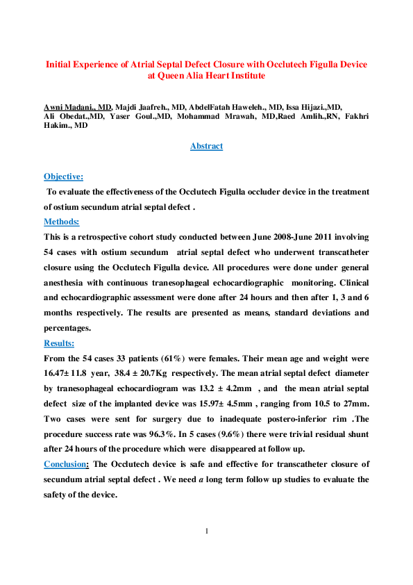 (PDF) Initial Experience of Atrial Septal Defect Closure with Occlutech ...