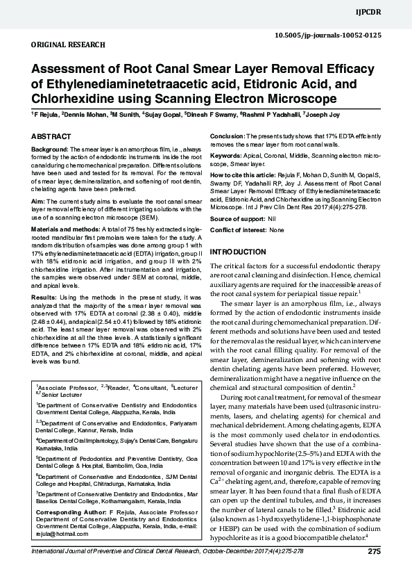 (PDF) Assessment of Root Canal Smear Layer Removal Efficacy of Ethylenediaminetetraacetic acid ...