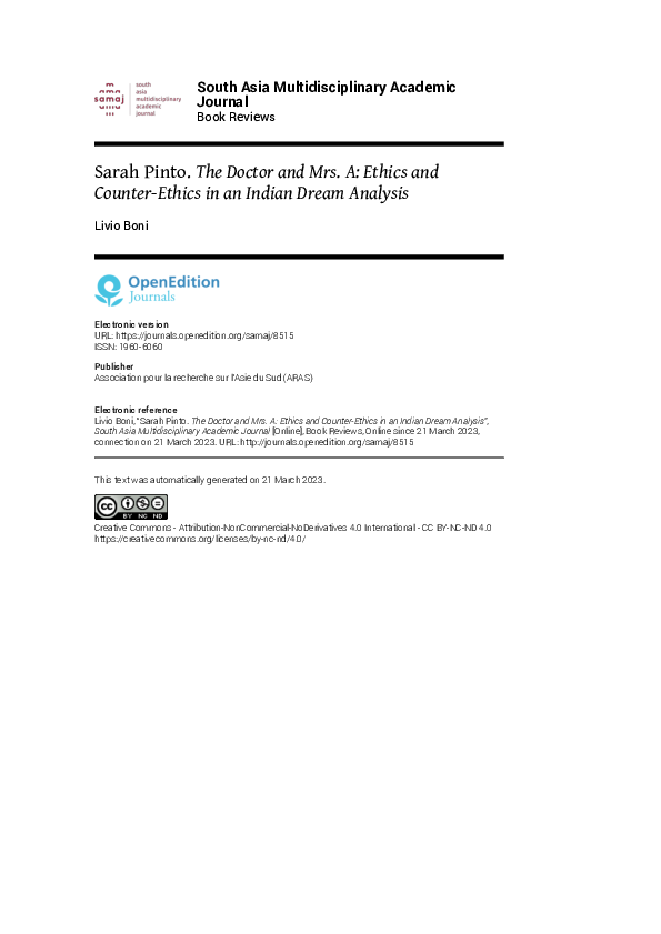 (PDF) Book review of Sarah Pinto, "The Doctor and Miss A. Ethics and ...