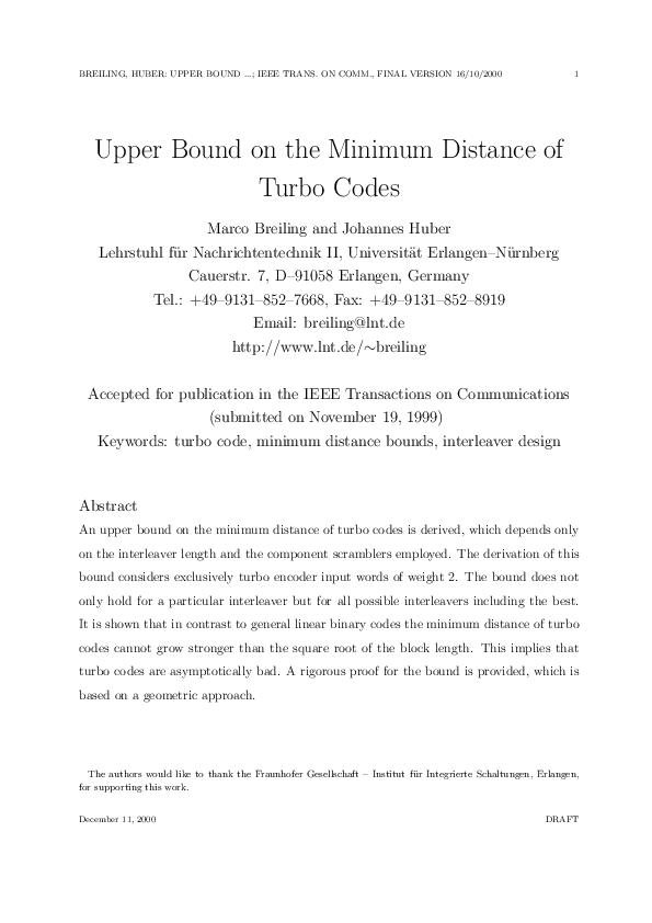(PDF) Upper bound on the minimum distance of turbo codes